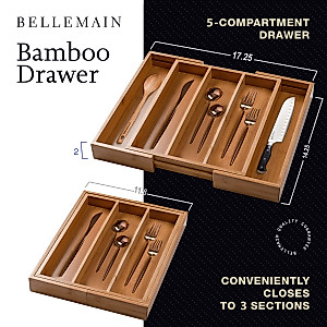 Bellemain Expandable Bamboo Drawer Organizer - Large Kitchen Utensil Holder for Cutlery, Silverware, Flatware Storage - Utensil Organizer for Kitchen Drawers, Desk, Junk Drawer Organizer Tray, 5-Slot