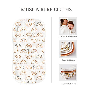 MairMore 5 Pack Muslin Baby Burp Cloths- Neutral Muslin Burping Cloths for Baby Boys Girls and Newborn Towel, Unisex- Large Absorbent Burp Cloths-20 x10 Inches