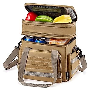 Double Layer Insulated Lunch Bag for Adults, Expandable Tactical Lunch Bag Leakproof 26-Can Large Lunch Cooler Bag with Adjustable Shoulder Strap Adults Durable Lunch Pail for Work Picnic Hiking Brown