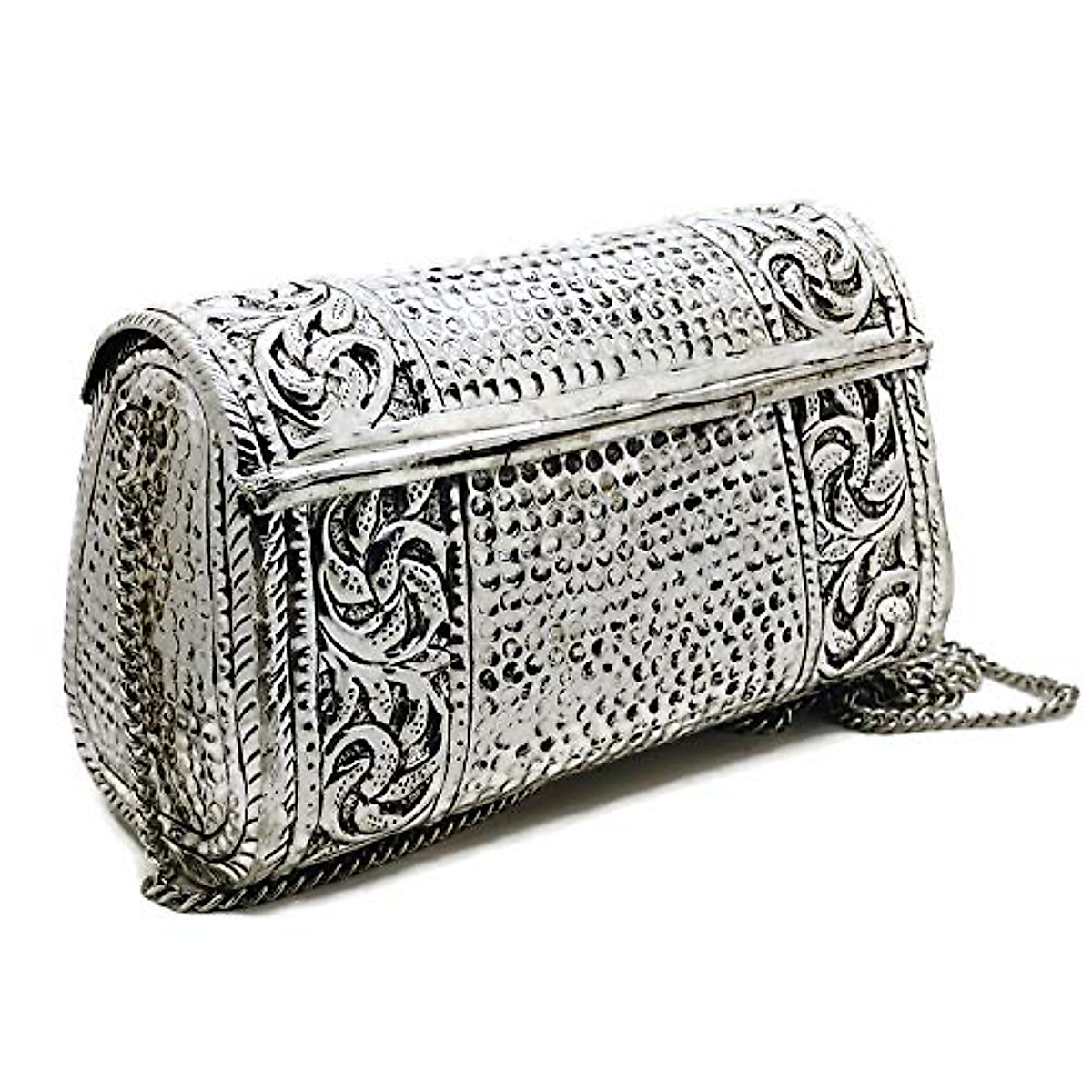 Trend Overseas women gift bridal bag Brass Metal Clutch Sling Bag Indian Ethnic Antique clutch (Silver)