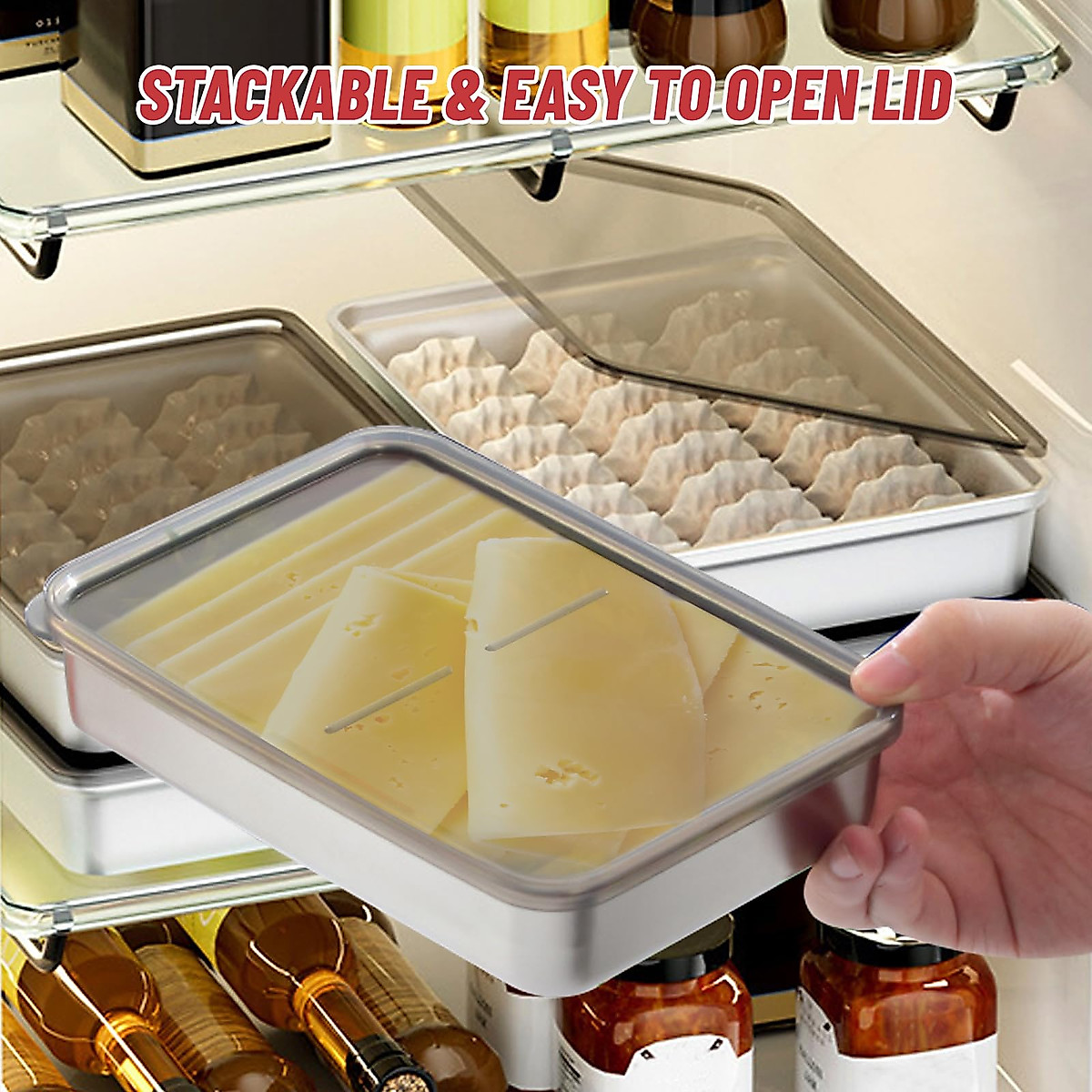 Mchodare 2pcs Deli Meat Containers, Bacon Container for Refrigerator, Stainless Steel Airtight Deli Meat Storage Lunch Meat Container for Refrigerator Fridge Organizers and Storage, HGI0116-L