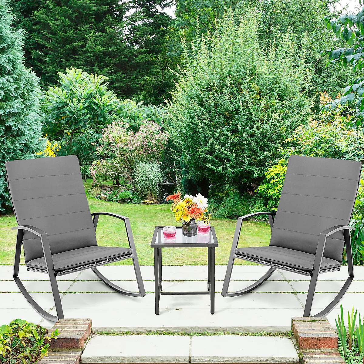 Tangkula 3 Pieces Patio Rocking Bistro Set, PE Rattan Rocking Chairs with Tempered Glass Side Table, Outdoor Wicker Conversation Set with Zippered Cushion for Patio, Garden, Poolside (Mix Gray)