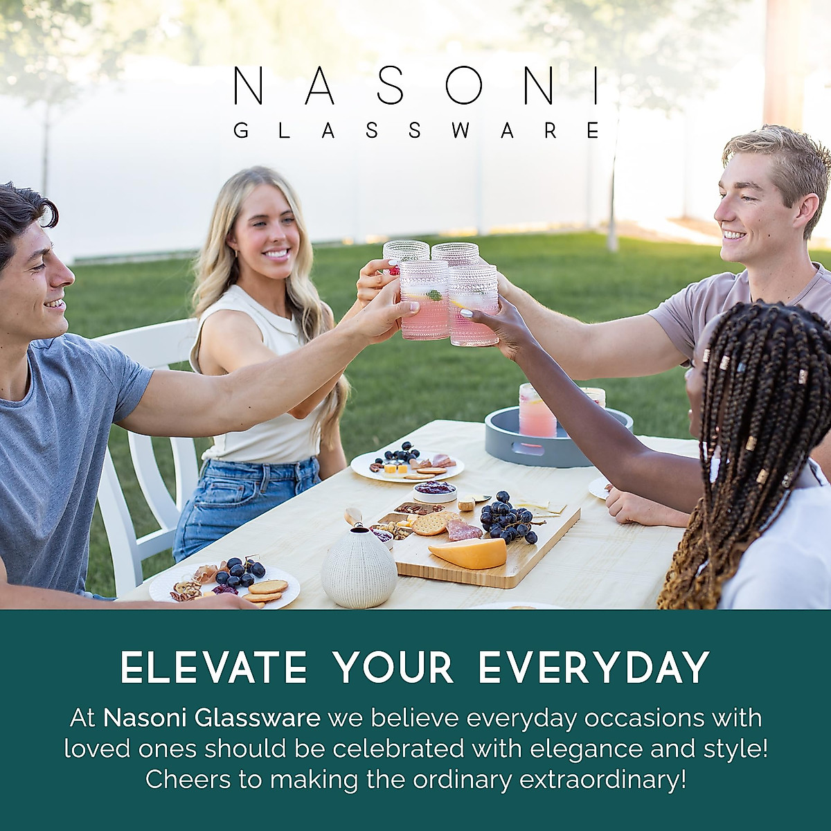 NASONI GLASSWARE 14 oz Hobnail Highball Glasses Set of 6 (Clear) - Embossed Beaded Glass Tumbler Vintage XL Drinkware Double Old Fashioned Cups for Beverages, Cocktails, Margaritas, Juice, Water