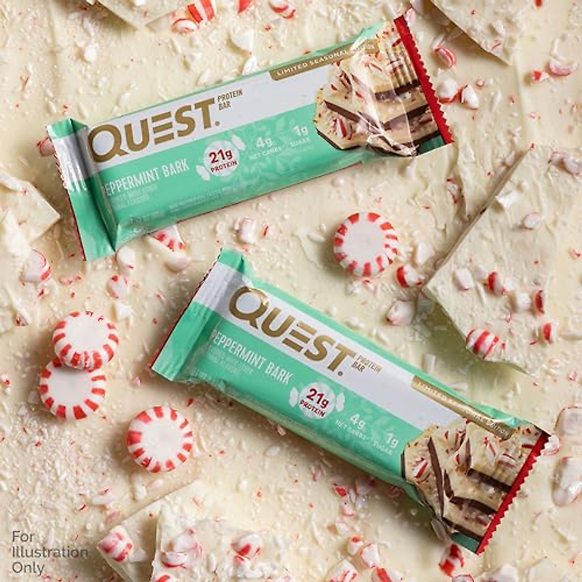 Quest Nutrition Peppermint Bark Protein Bar, 21g Protein, 4g Net Carb, 1g Sugar, Gluten Free, 12 Count