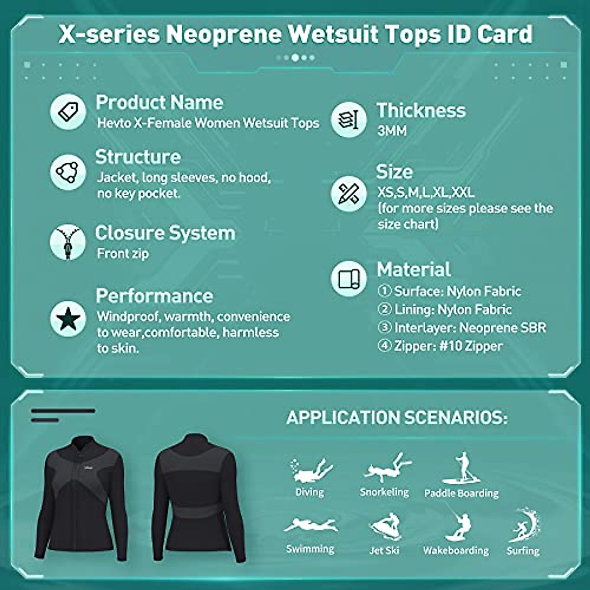 Hevto Wetsuits Tops X Women 3mm Neoprene Jacket Long Sleeve Surfing Swimming Front Zip Keep Warm (X-Women Gray, S2)