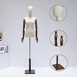 Female Mannequin Torso Dress Form, Clothing Display Model Body Stand with Head, Wooden Arms and Base for Sewing Clothing, Jewelry, Height Adjustable 47-75 Inch (Whole Body)