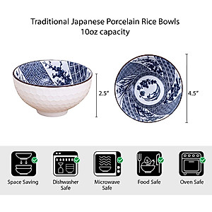 Japanese Style Ceramic Assorted Designs Traditional Blue and White Pattern Dinnerware Set (6PACK Blue White Bowl 4.5")
