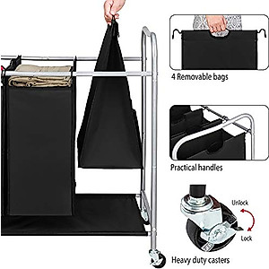 JINAMART 3 Section Laundry Sorter with Ironing board, Rolling Laundry Hamper cart, Removable Bag Sorter Basket with 4 side pockets, Laundry Organization Bins for Bedroom & Bathroom (Black)