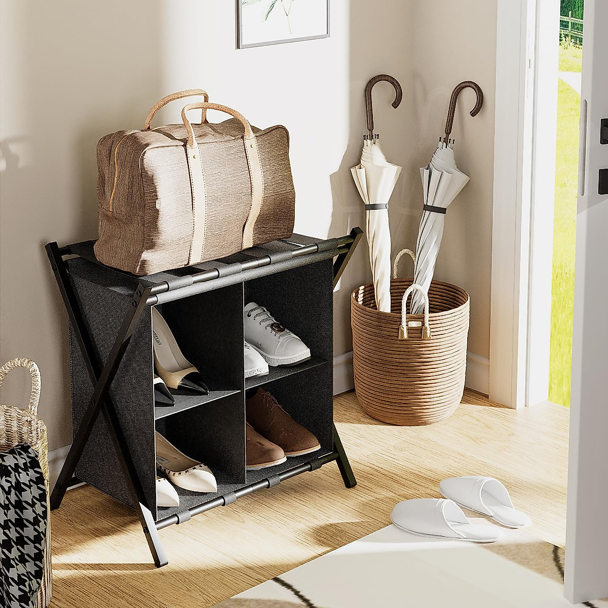 Huhote Luggage Rack for Guest Room, Set of 2, Folding Suitcase Stand with Fabric Storage Shelf, Luggage Holder, Steel Foldable Luggage Stand for Guest Room, Bedroom, Hotel, Black