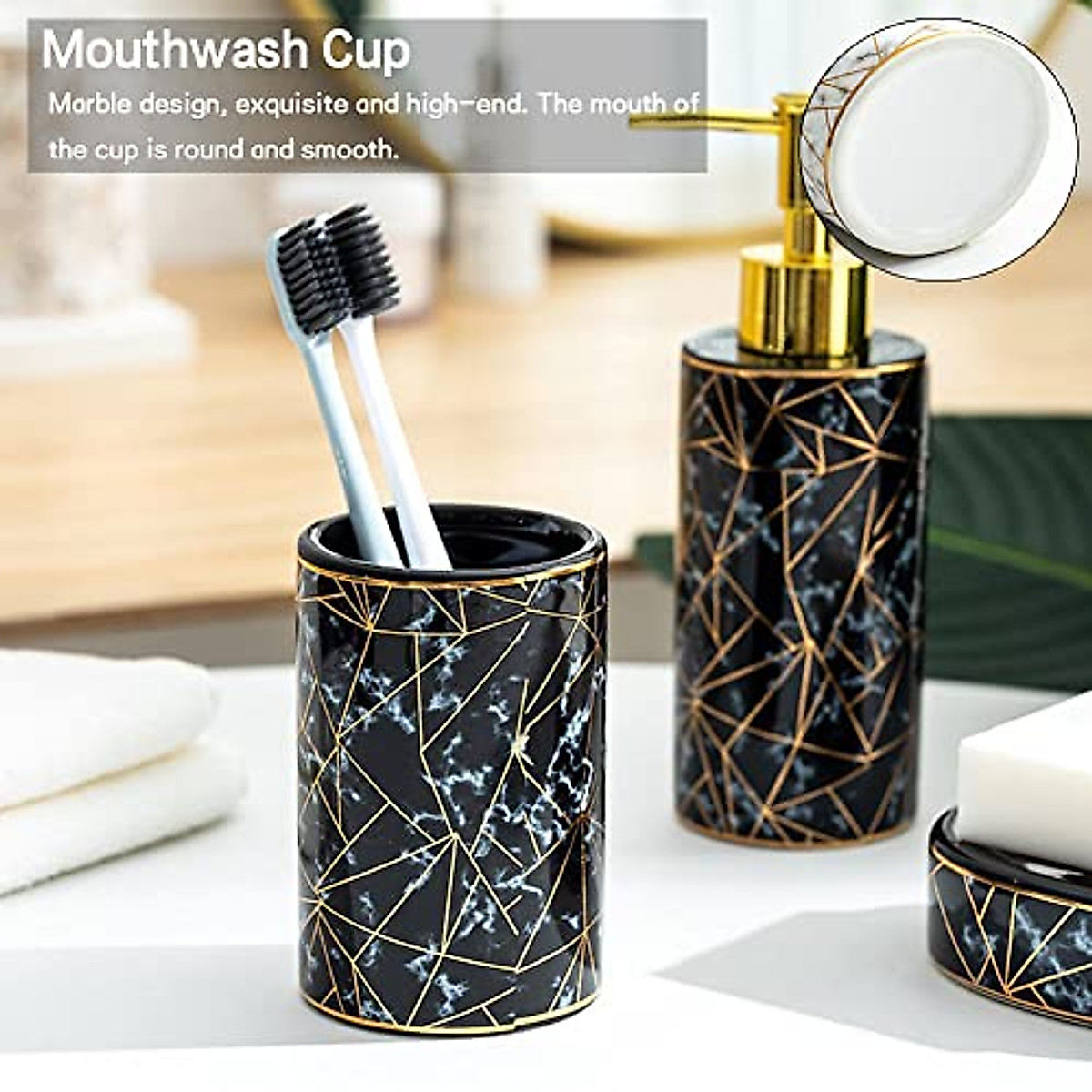 RUNLAIKEJI 4-Piece Ceramic Bthroom Accessories Set, Marbling Ceramic Bathroom Set Accessories, Home Bathroom Counter Set with Soap Dispenser, Soap Dish, 2 Mouthwash Cups, Home Decor Accessories