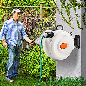 VANEPIC Retractable Garden Hose Reel 65 FT x 1/2 Inch Any Length Lock Hose Reel, Automatic Slow Rewind System, Wall Mounted and 180 Deg Swivel Bracket for Garden Watering and Car Washing