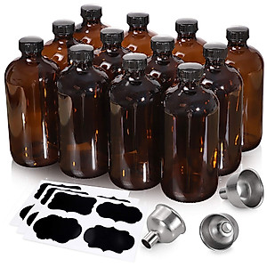 AOZITA [ 12 Pack, 16 OZ ] Glass Amber Bottles with Black Poly Cone Cap & 3 Stainless Steel Funnels & 12 Labels - 480ml Boston Round Sample Bottles, Brown Glass Apothecary Bottles