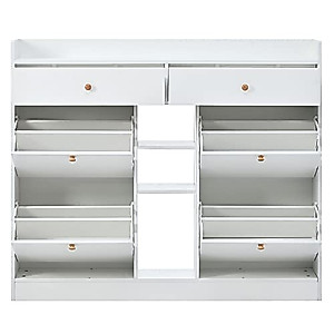Mancofy Modern Shoe Storage Cabinet with 4 Flip Drawers & Locker, Wood Shoe Organizer, Multifunctional Shoe Storage Organizer with Drawers, Free Standing Shoe Rack for Entrance Hallway (White)