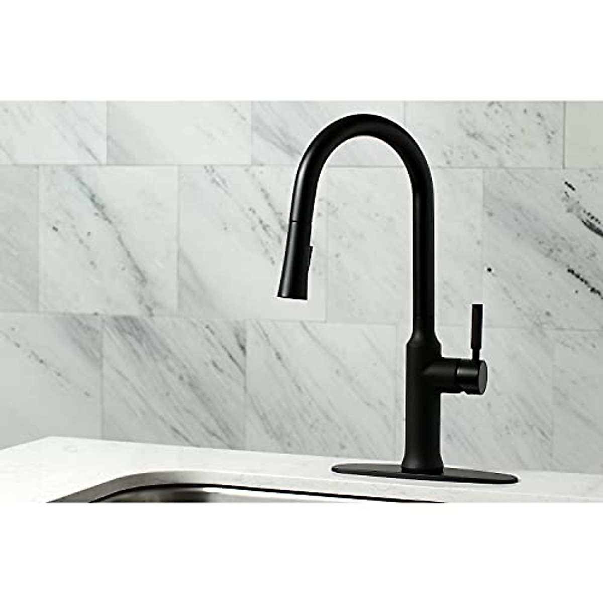 Kingston Brass LS2720DKL Kaiser Pull-Down Sprayer Kitchen Faucet, 8 Inch in Spout Reach, Matte Black