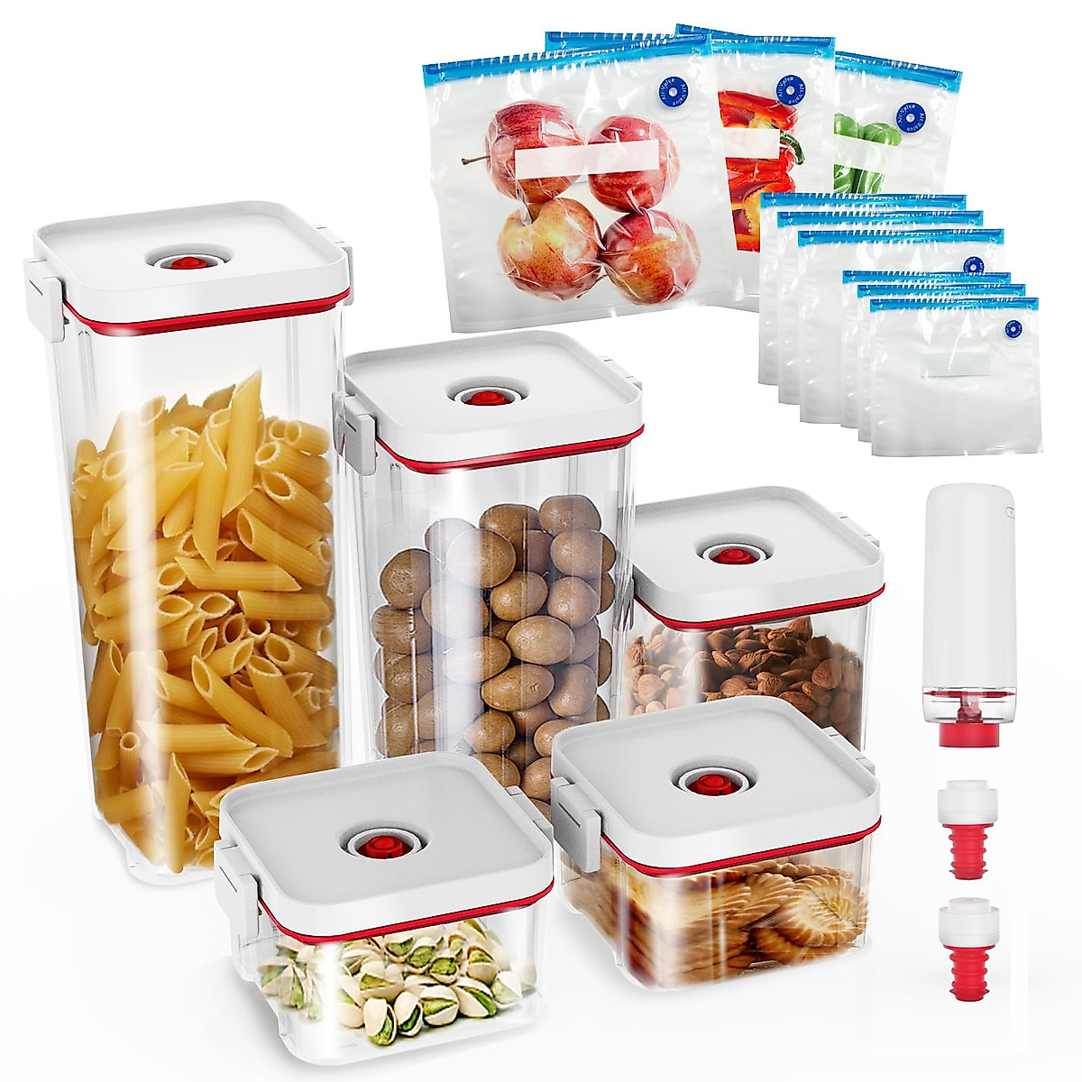 CrazyQueen Food Storage Containers with Lids, Vacuum Seal Containers for Food Storage, 5PCS Containers with 9PCS Vacuum Storage Bags & 2PCS Wine Stoppers for Cereal Bread Rice Kitchen Pantry