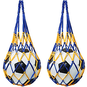 LUORNG 2Pcs Football Accessories Basketball Mesh Net Bag Single Ball Carrier for Volleyball Soccer Basketball Blue Yellow