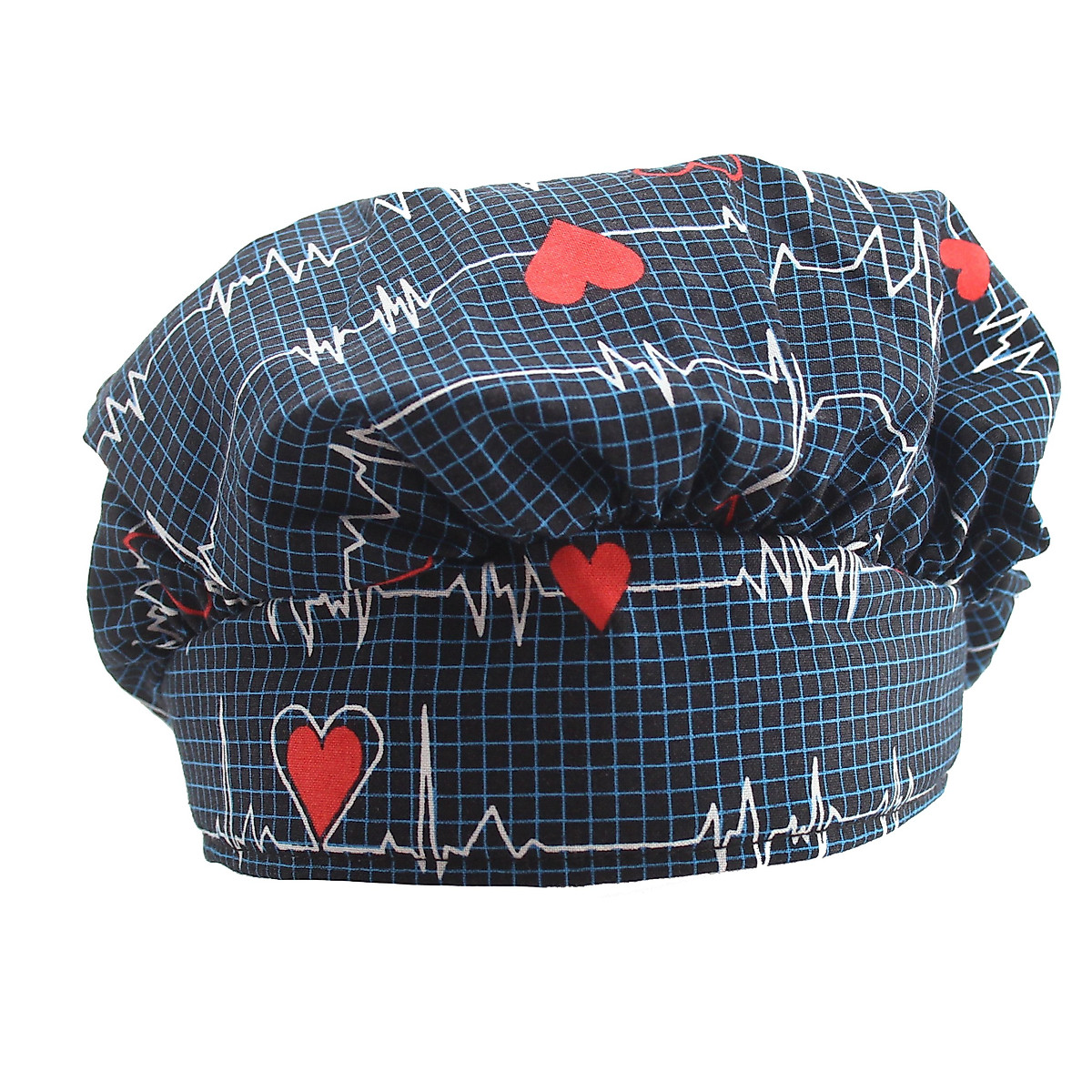 Bouffant Navy Blue Heart Beat EKG Scrub Cap with Adjustable tie