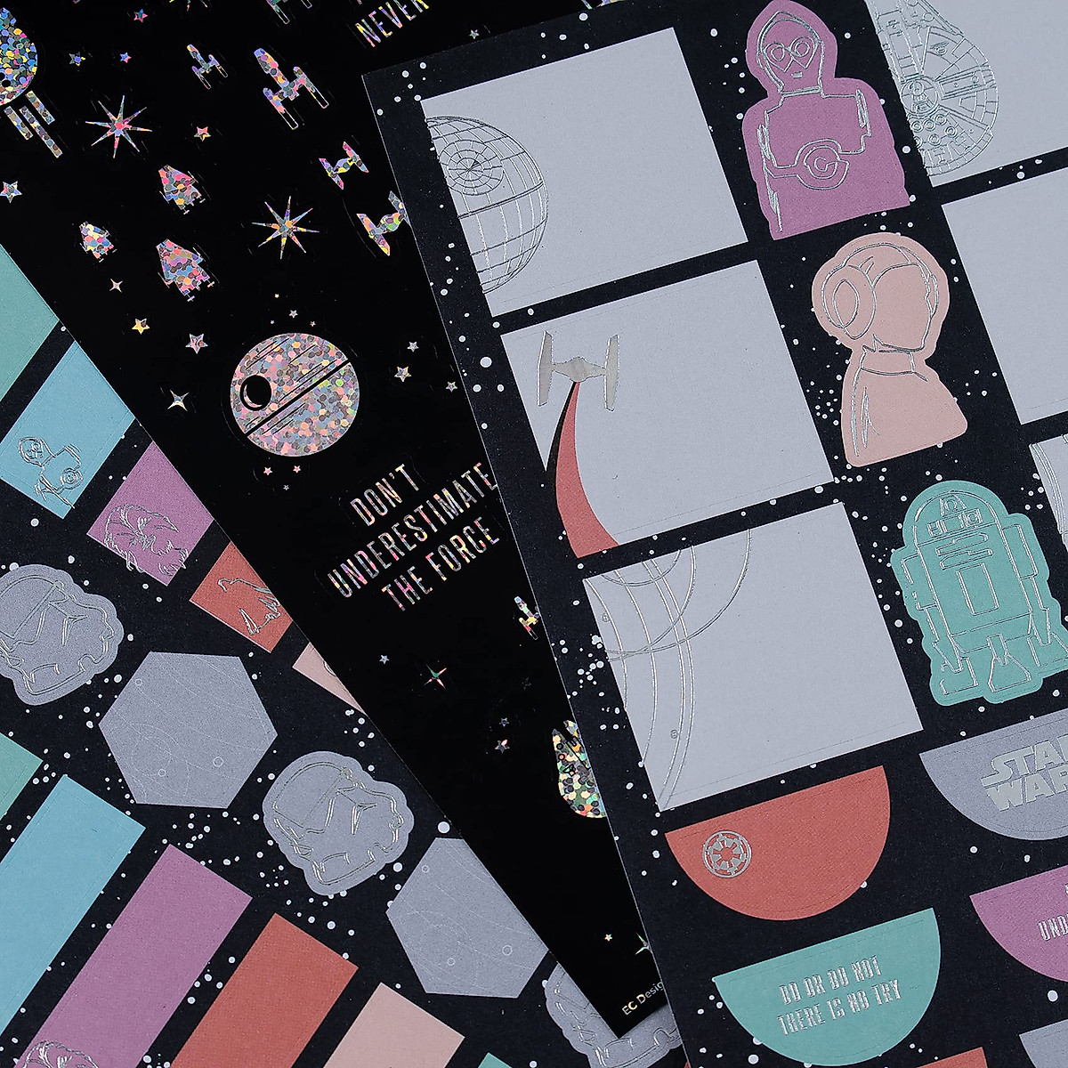 Star Wars Sticker Pack Trio - 121 Stickers Total, 3 Iridescent, Holographic, Silver Metallic Pages of Decorative, Functional, and Cute Stickers for Customizing Planners, Notebooks, and More