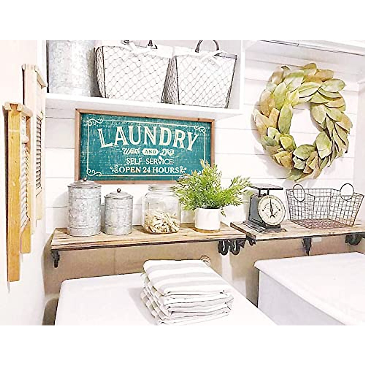 Funly mee Farmhouse Wooden Laundry Wall Plaque Sign with Carved Letters ,Rustic Laundry Room Wall Decor Art with Solid Wood Frame(24x12.2 Inch)