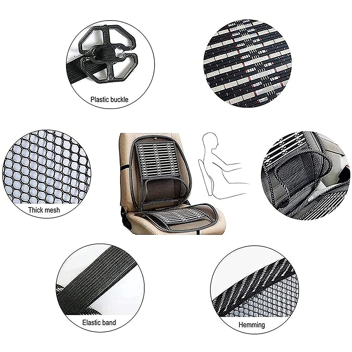Doxenem Ergonomic Car Seat Office Chair Bamboo Chip Cover Cushion with Wire Mesh Lumbar Back Support,Breathable Black Mesh with Strap Comfortable Ventilate Support Cushion Pad, for Back Pain Relief
