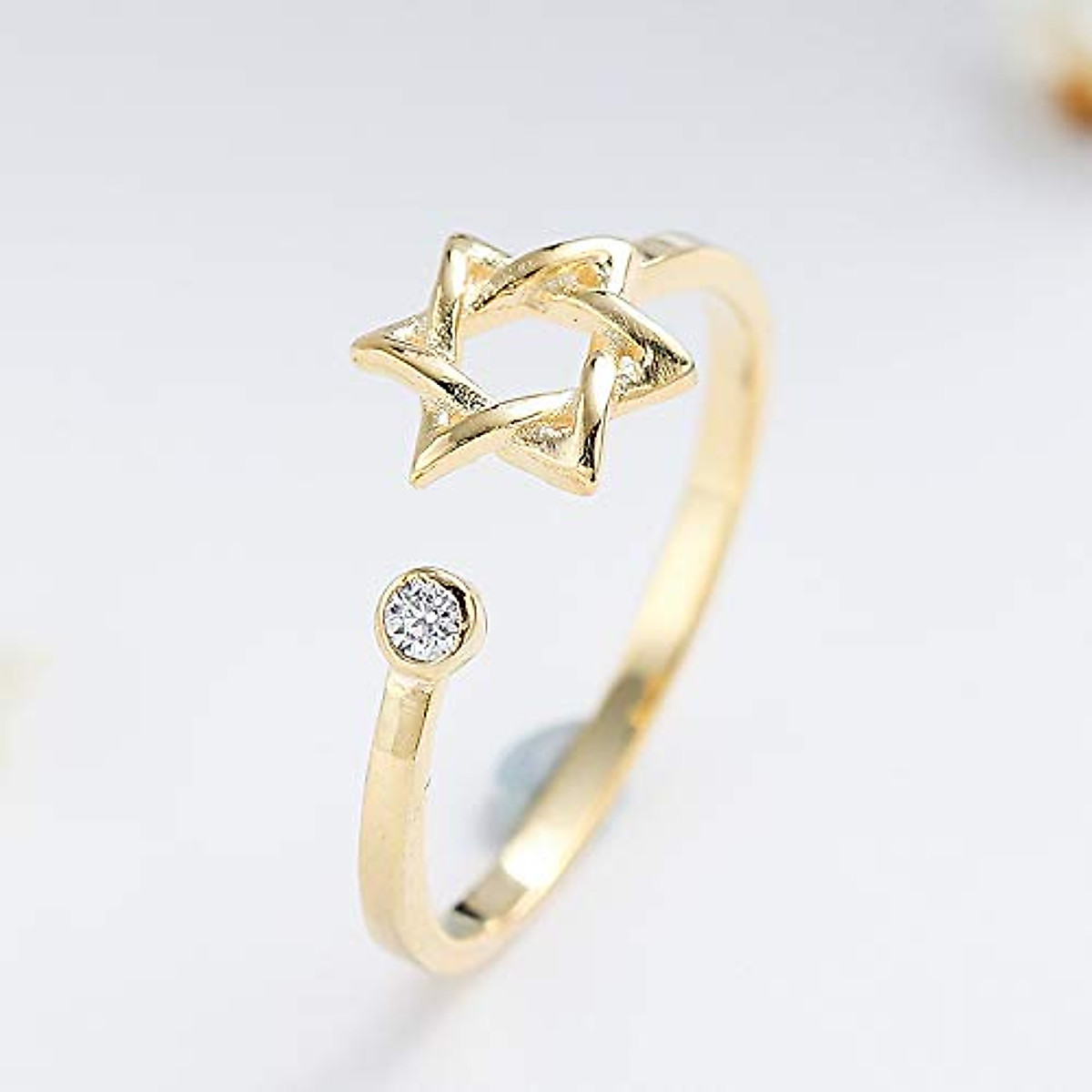 Eiffy Zircon Jewish Star of David Ring for Women Simple Open Hexagram Finger Ring Jewelry (Gold)