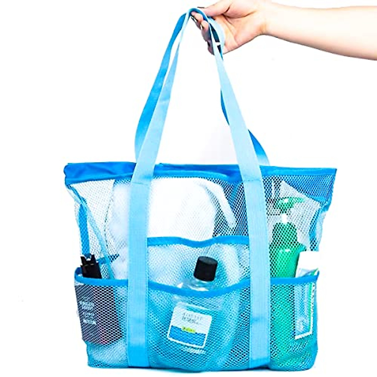 ZB.soar Mesh Beach Bags,9 Pockets Beach Bag, Large Beach Tote Swim Bags Pool Bag with Pockets (Sky Blue)