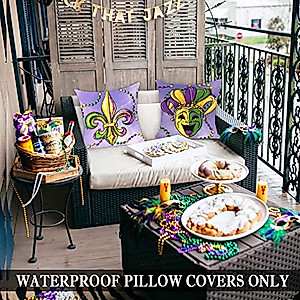 JOJOGOGO Mardi Gras Decorations Outdoor Throw Pillow Covers 18x18 Waterproof Set of 4 Happy Mardi Gras Fat Tuesday Decor Carnival Theme Masquerade Party Decorations for Front Porch and Patio Furniture