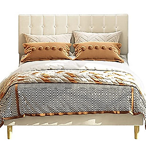LIKIMIO Full Size Bed Frame, Velvet Upholstered Platform Bed with Metal Frame and Wooden Slats/Easy to Assemble/Mattress Foundation(Beige, Full)