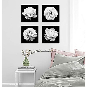 Flowers Wall Art Bathroom Wall Decor Abstract Botanical Picture Contemporary Wall Art Prints Bedroom Living Room Kitchen Office Home Decor Modern Black Flower Canvas Artwork 12" x 12" x 4 Pieces