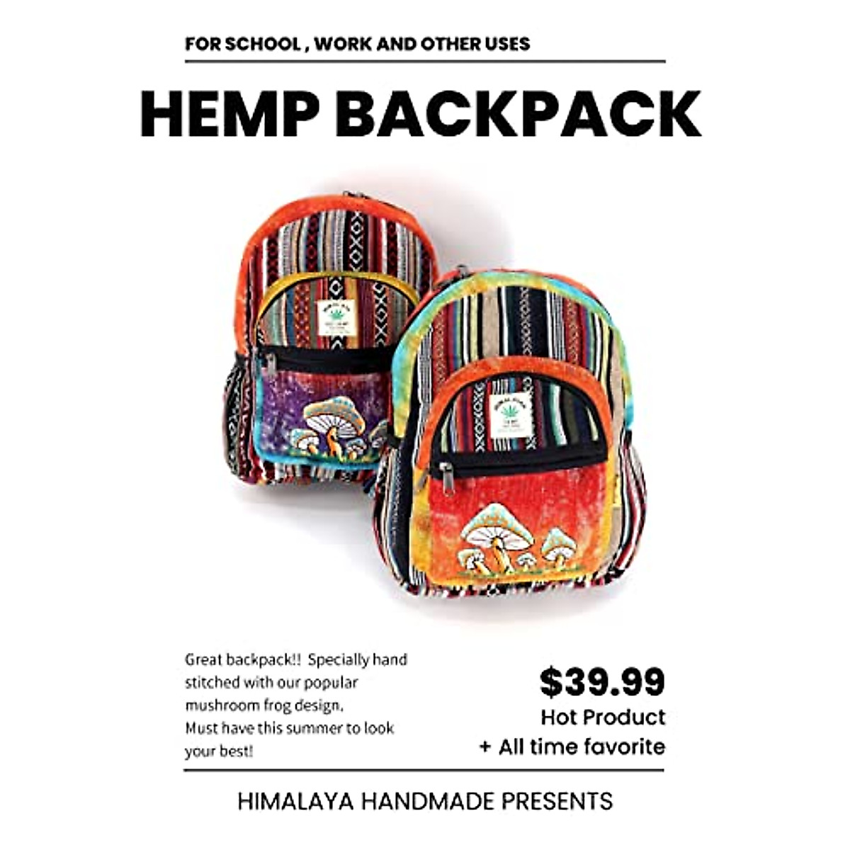 Himalaya Handmade Unique design Himalaya Hemp Backpack Small Backpack Hippie Backpack Festival Backpack Hiking & Tablet Backpack FAIR TRADE Handmade with Love, Rainbow, HBBH-0150