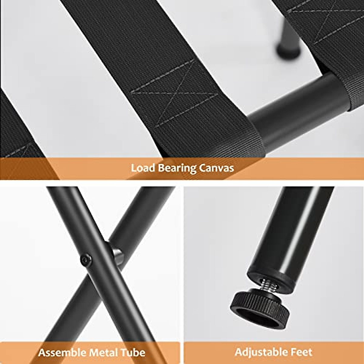 ELYKEN 2 Pack Luggage Rack with Laundry Bag, Guest Room Folding Space Saving Suitcase Holder, Max 110LBS Baggage Shelf with Heavy Duty Nylon Belts, Dirty Clothes Storage for Bedroom Hotel