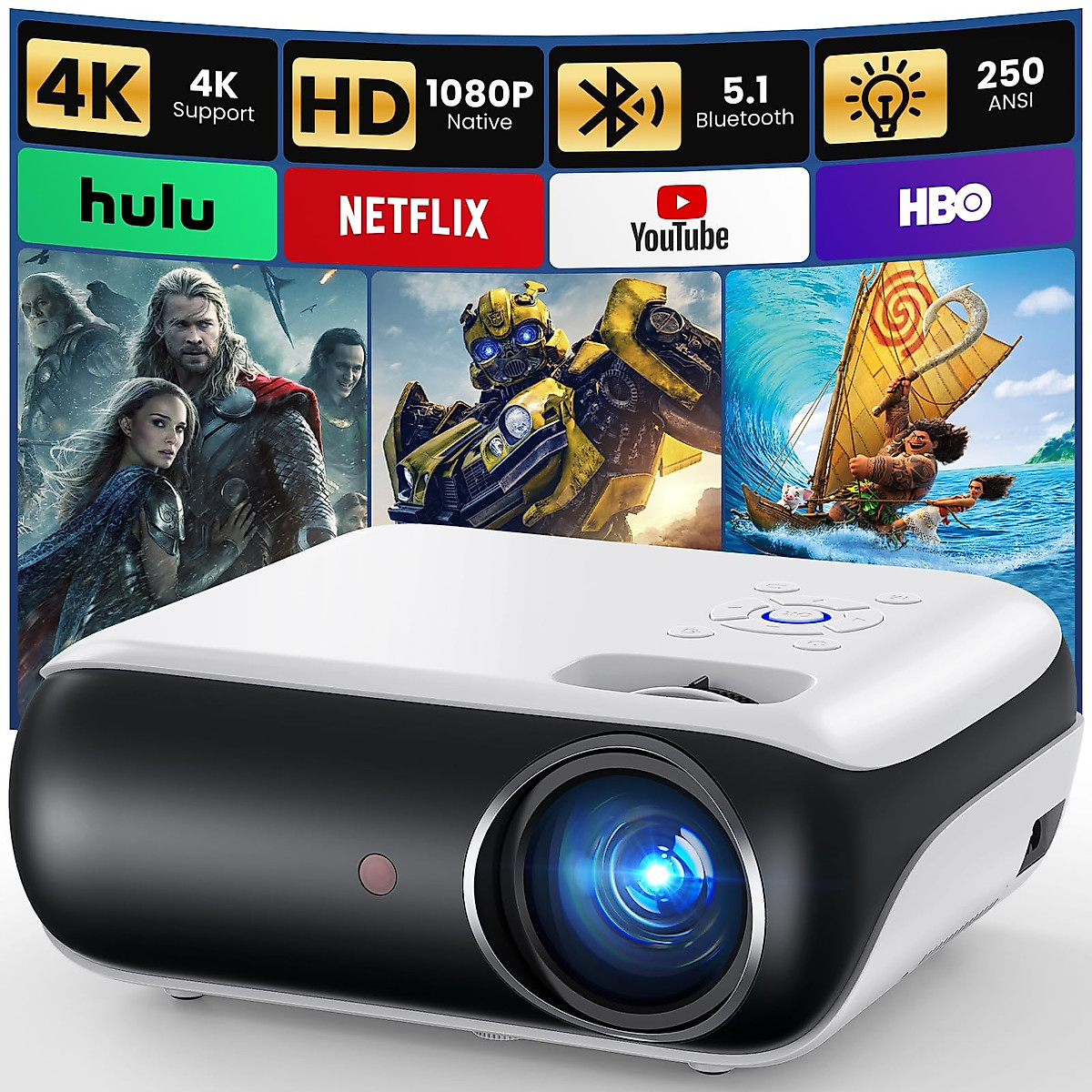 HAPPRUN Projector, Native 1080P Bluetooth Projector with 100''Screen, 9500L Portable Outdoor Movie Projector Compatible with Smartphone, HDMI,USB,AV,Fire Stick, PS5