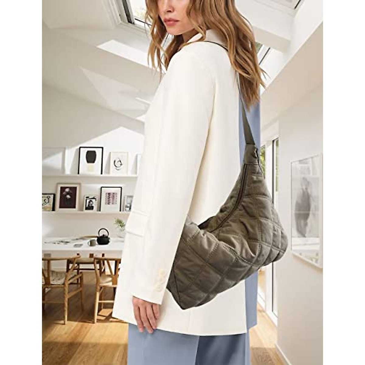 Puffy Tote Bags Women Quilted Puffer Handbag Lightweight Padded Crossbody Shoulder Travel Shopping Tote Girls Hobo Bag Purse Green