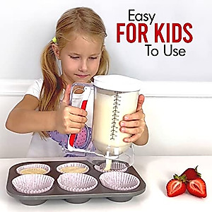 Dalup Enterprises Pancake Batter Dispenser - Kid Friendly & Mess Free Cupcake Batter Dispenser with Squeeze Handle for Precise Portion Control, Also Perfect for Waffles, Crepes, Cakes (4 Cup Capacity)