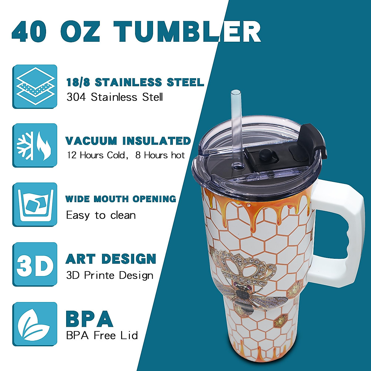Gome Queen Bee 40 oz Tumbler with Handle - Stainless Steel Cup with Straw - Insulated Coffee Mug with Lid - Queen Bee Birthday Gifts for Women - Hand Wash Only