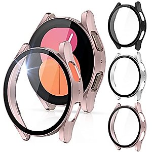 [3 Pack] Galaxy Watch 5/Galaxy Watch 4 40mm Screen Protector with Tempered Glass, QIBOX Hard PC Bumper Protective Case Face Cover Accessories Compatible with Samsung Galaxy Watch5 / Watch4