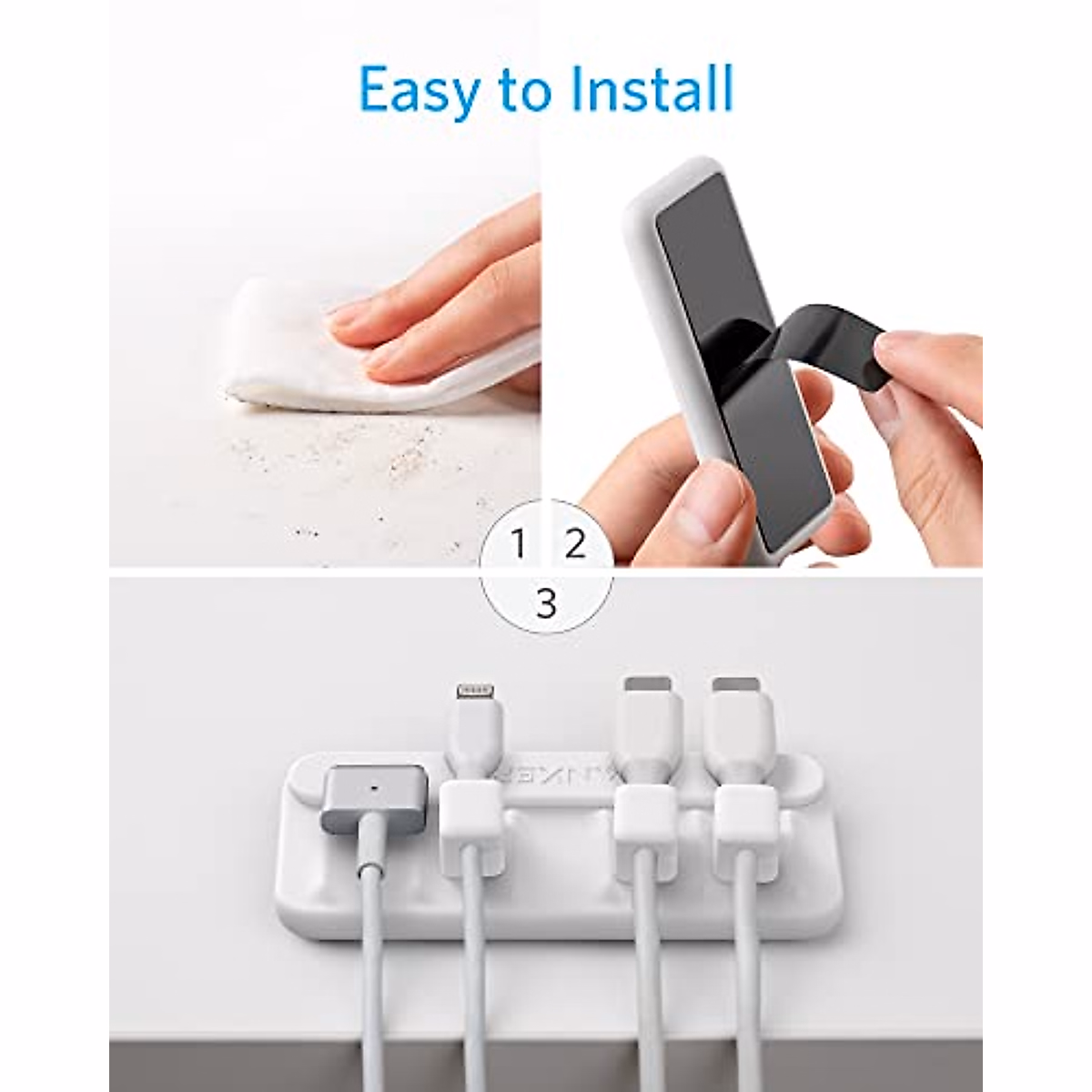 Anker Cable Management, Magnetic Cable Holder, Desktop Multipurpose Cord Keeper, 5 Clips for Lightning Cables, USB C Cables, Micro Cables, Other Wires, Sticks to Wood, Marble, Metal, Glass (White)
