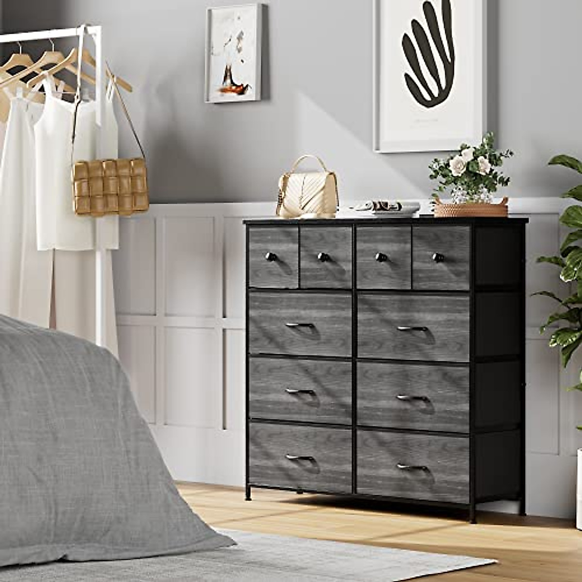 Nicehill Dresser for Bedroom with 10 Drawers, Storage Drawer Organizer, Tall Chest of Drawers for Closet, Clothes, Kids, Baby, Living Room, Wood Board, Fabric Drawers(Black Wood Grain)