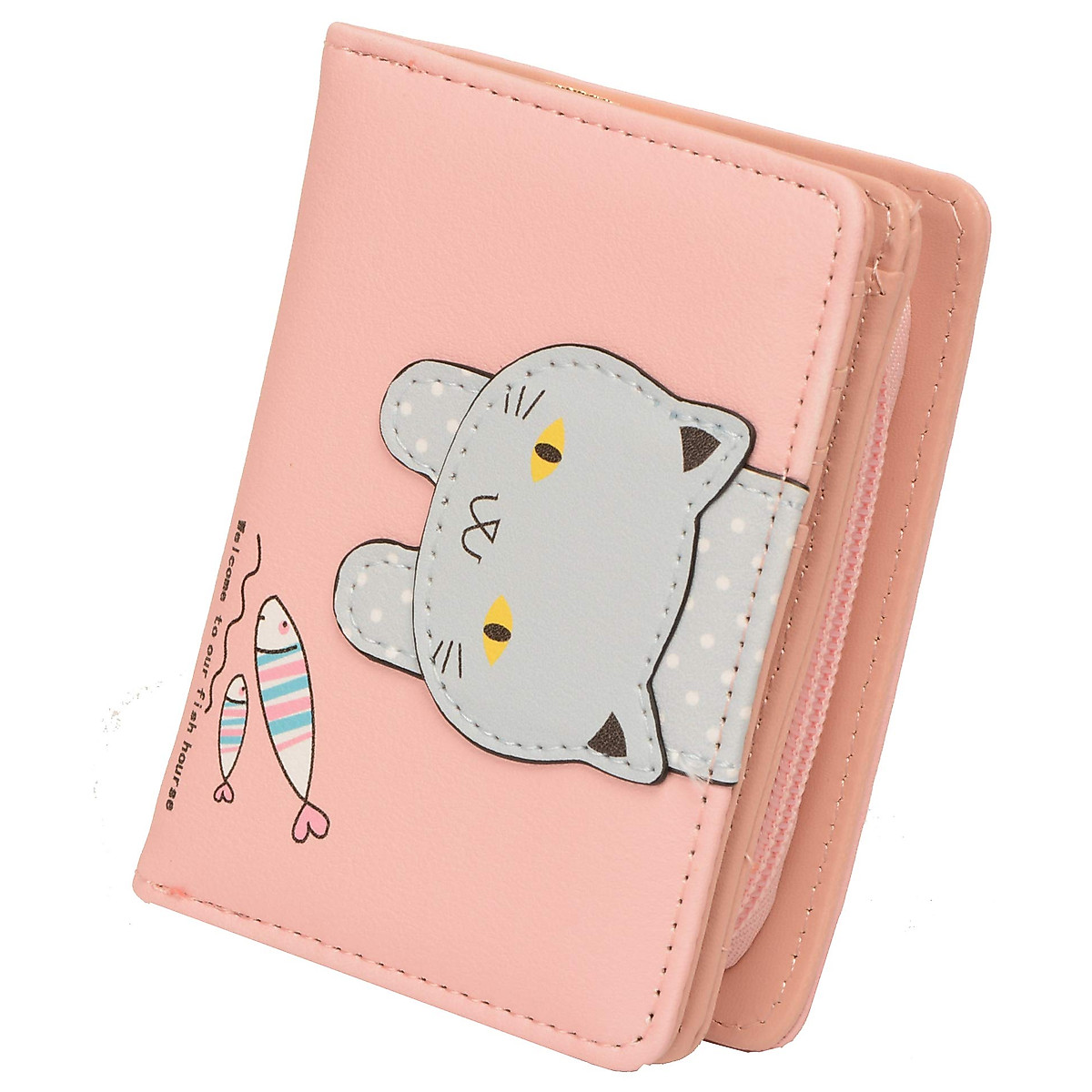 Ecohaso Wallets for Girls Women Purses for Teens Cute Cat Wallet Kitty Pattern Clutch Purse Coin Holder Card Organizer (Pink)