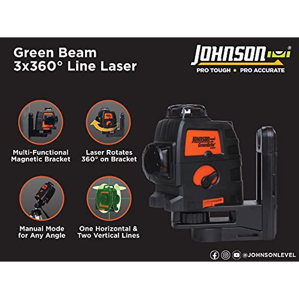 Johnson Level & Tool 40-6674 Self-Leveling 3 x 360° Laser with GreenBrite Technology, Green, 1 Laser