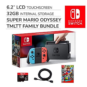 Nintendo 2020 Premium Switch 32GB Console Family Holiday Essential Bundle - Neon Red/Neon Blue Joy-Con, Super Mario Odyssey, TMLTT 128GB MicroSD Card, HDMI Cable