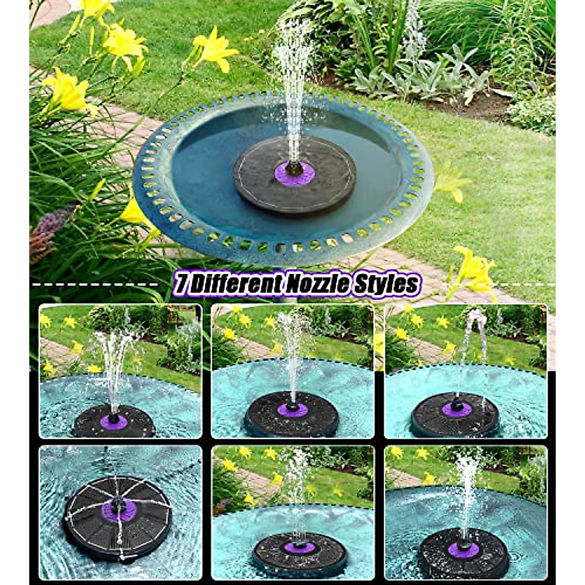SZMP Solar Fountain 3.5W Bird Bath Fountains with Flower 2024 Upgraded Glass Panel, Solar Powered Water Fountain with 7 Nozzle & 4 Fixer, Solar Fountain Pump for Bird Bath, Garden, Pond, Pool (Black)