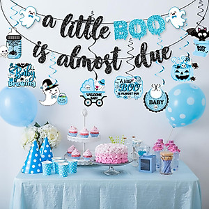 Halloween Ghost Baby Shower Party Decorations, A Little Boo is Almost Due Blue Baby Decor for Boy and Girl, Spooky Birthday Decorations Boo Banner