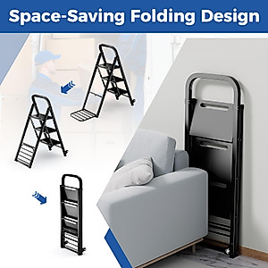 S AFSTAR 2-in-1 Folding Ladder & Hand Truck Combo, 3-Step Step Ladder with Wheels, Convertible Hand Cart with Wide Steps, 550 Max Load, Heavy-Duty Metal Dolly Cart Ladder for Home Office Garage