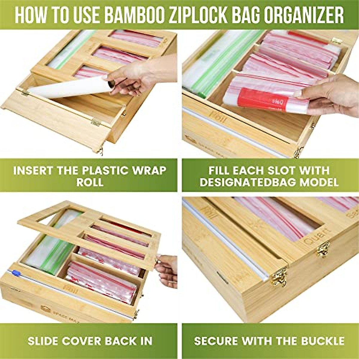 Space Max Bamboo Ziplock Bag Organizer for Drawer With Cutter - Perfectly Fits Ziplock Slider Bags and 12 inches Aluminum Foil Roll - Kitchen Organizer Ebook Included