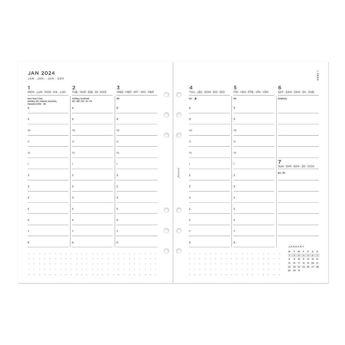 Filofax Calendar Diary Refill, A5 Size, Week-to-View with Appointments, Minimal Diary Pack, Vertical, White Paper, Multilingual: Five Languages, 2024 (C68593-24)