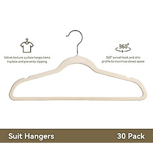 Softflame Premium Velvet Hangers 30 Pack, Non-Slip Suit Clothes Hangers, 360 Degree Swivel Hooks and Slim Profile to Maximize Closet Space Beige/Silver