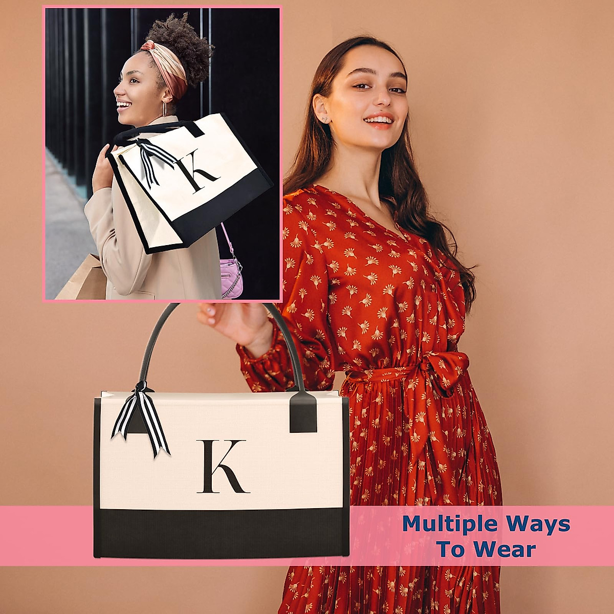 OATALY Monogrammed Canvas Tote Bag with Zipper Pockets - Ideal Gift for Mom, Teacher, Sister