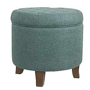 HomePop by Kinfine Fabric Upholstered Round Storage Ottoman - Button Tufted Ottoman with Removable Lid, Teal Woven