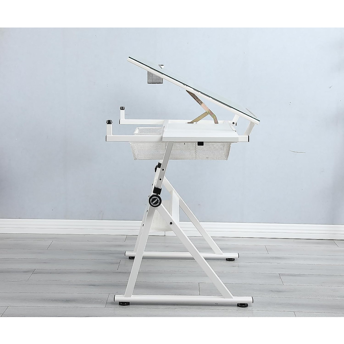 Seed Spring Adjustable Tempered Glass Drafting Printing Table, Modern Design Drafting Table Desk with Chair, Solid Construction, White Printing Desk with Storage Space for Home Office School